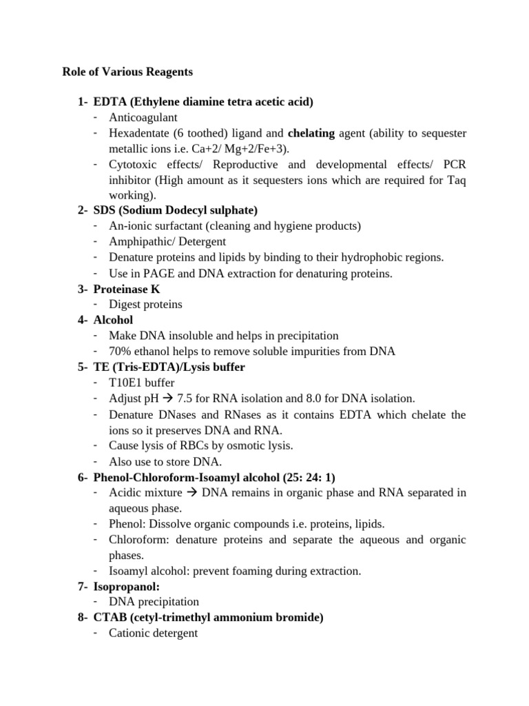 Key Reagents in DNA Extraction | PDF