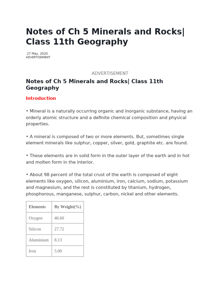 Class 11 Geography: Minerals & Rocks | PDF | Rock (Geology) | Igneous Rock