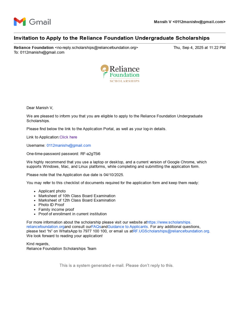 Gmail - Invitation To Apply To The Reliance Foundation Undergraduate ...