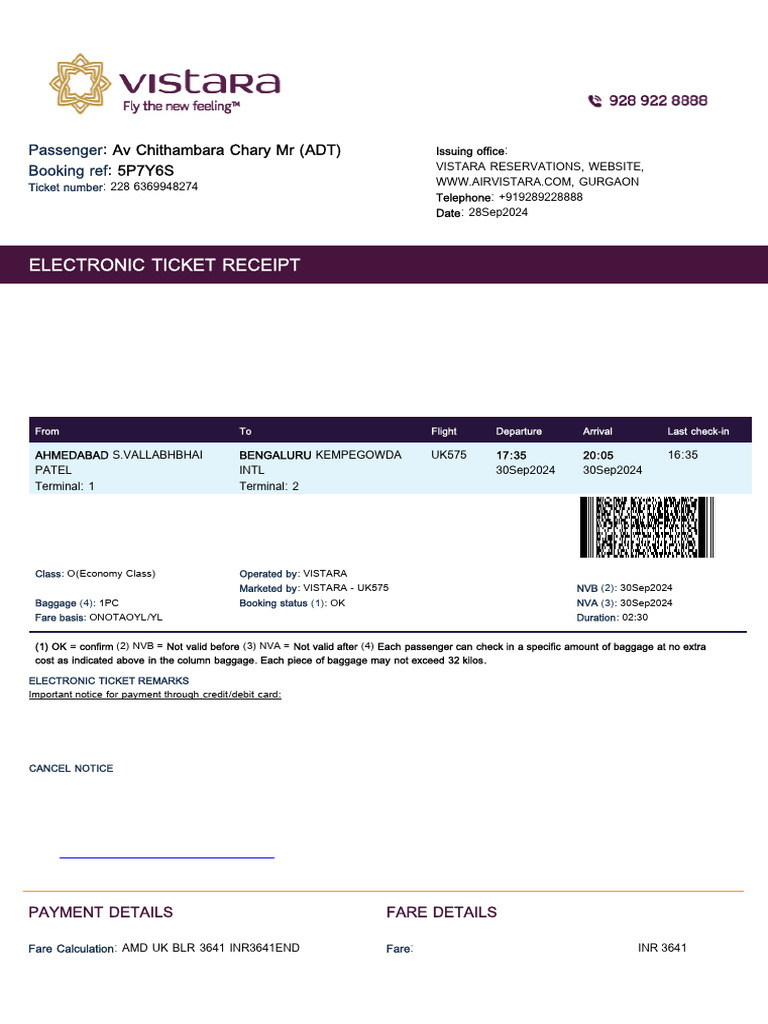 Vistara Electronic Ticket Receipt | PDF | Business Class