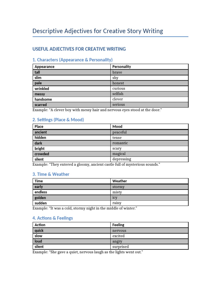 Creative Story Adjectives Worksheet B2 | PDF