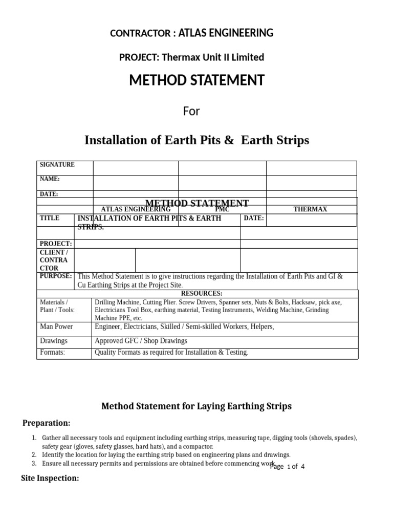 Earth Pit Installation Method Statement | PDF | Safety | Trench