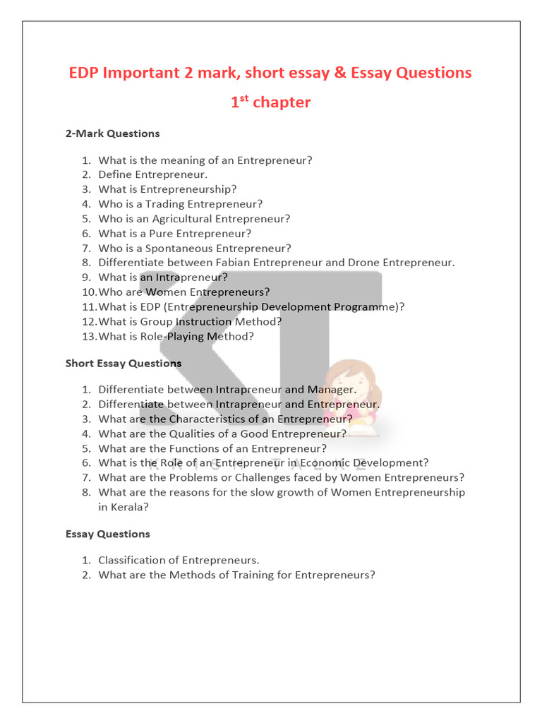 EDP Important 2 Mark Short Essay Essay - KT | PDF | Entrepreneurship ...