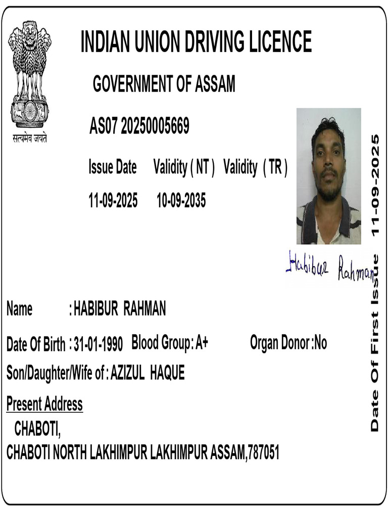 Assam Indian Union Driving Licence | PDF