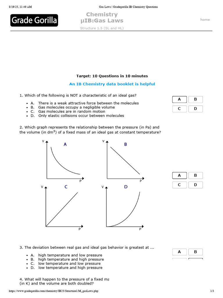 IB Chemistry Gas Laws Quiz | PDF | Gases | Temperature