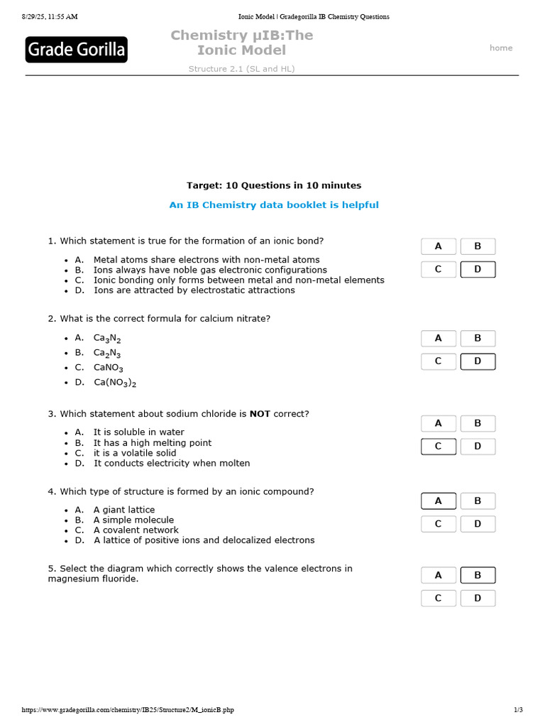 IB Chemistry Ionic Bond Quiz | PDF | Salt (Chemistry) | Ion