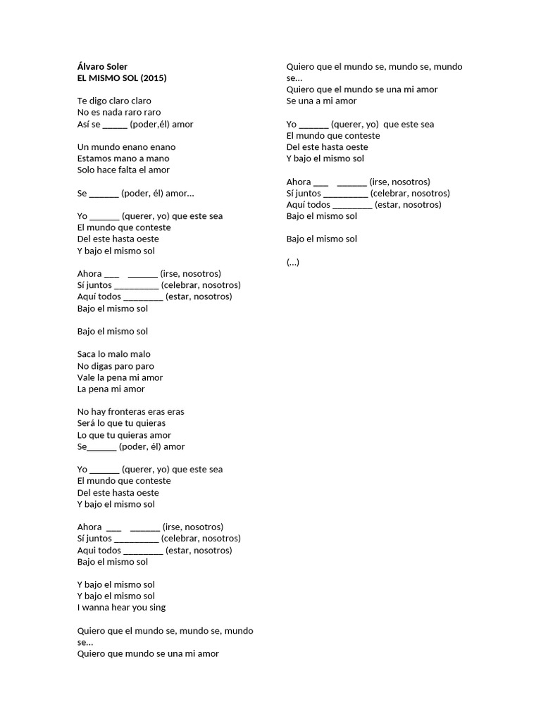 Letra de "El Mismo Sol" de Álvaro Soler | PDF
