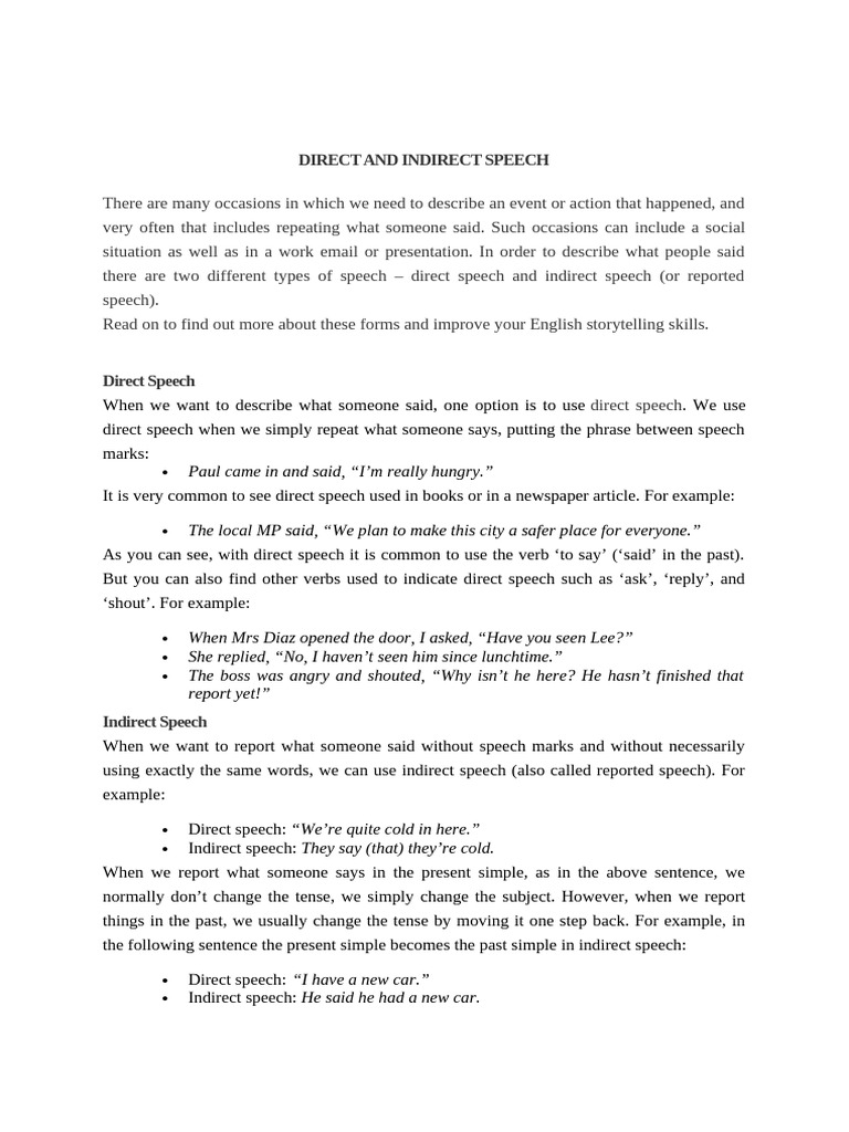 Direct and Indirect Speech Exercises | PDF | Question | Verb