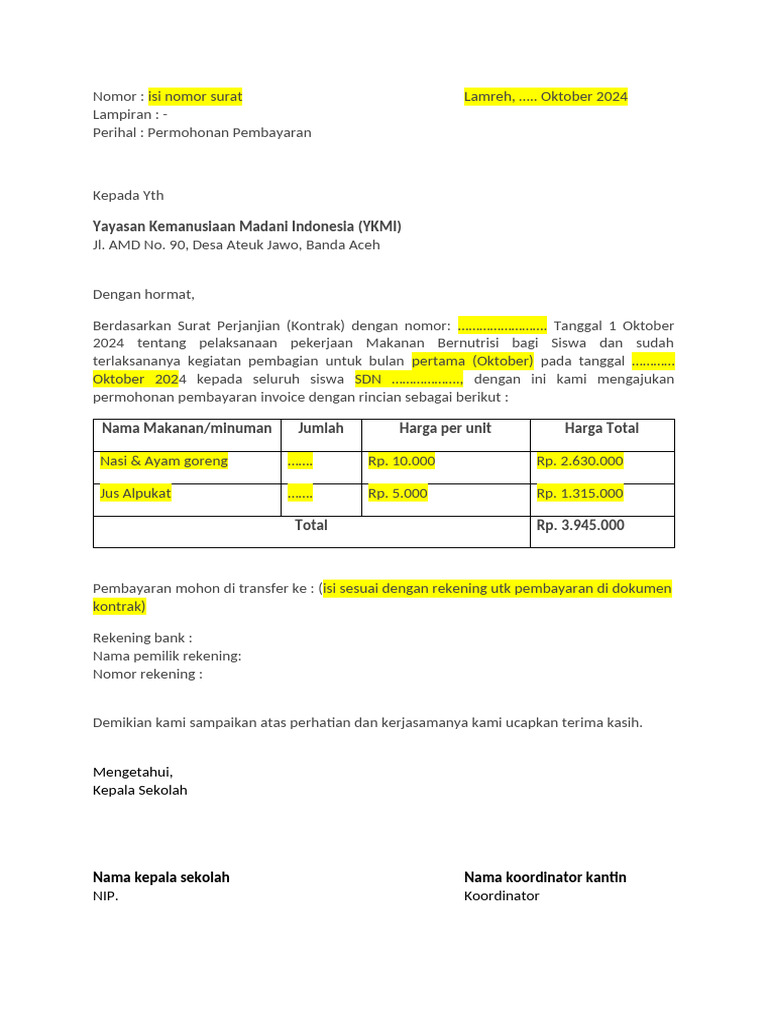 Permohonan Pembayaran Makanan Siswa | PDF