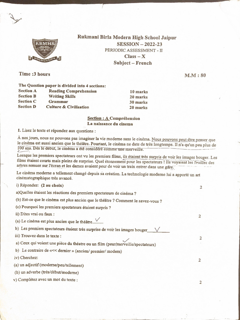 French Class 10 Pa2 2022-23 | PDF