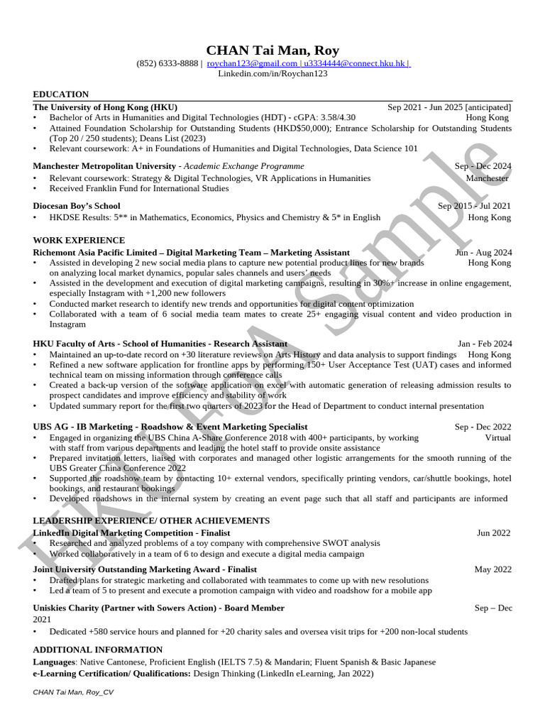 Hku Foa HDT CV Sample 1 Apr 2025 v2 | PDF | Computing