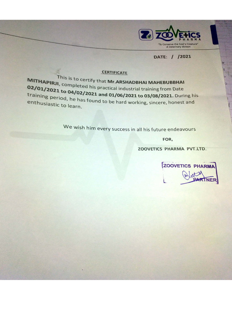 Arshad Mithapirji Industrial Training Certificate | PDF