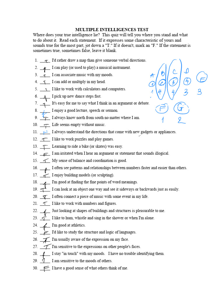 Multiple Intelligences Quiz | PDF