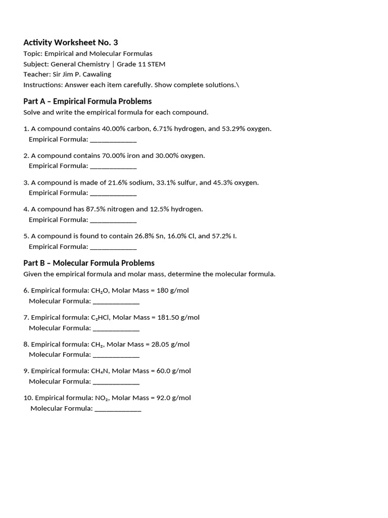 Empirical and Molecular Formulas Worksheet | PDF