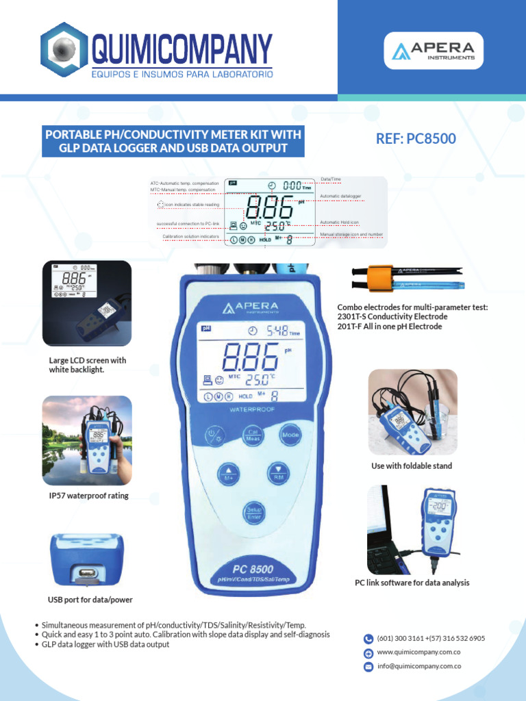 Ft Medidor de Conductividad Ph Portatil Pc8500 Con Registrador de Datos Glp y Salida de Datos ...