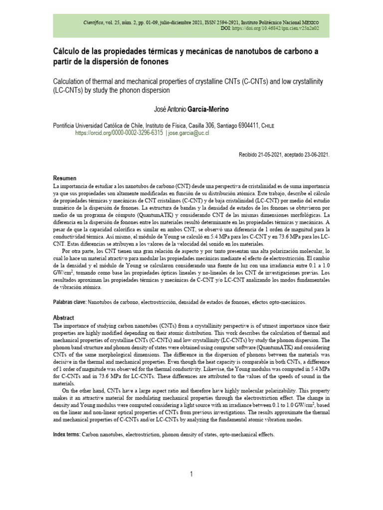 Cálculo de Las Propiedades Térmicas y Mecánicas de Nanotubos de Carbono ...