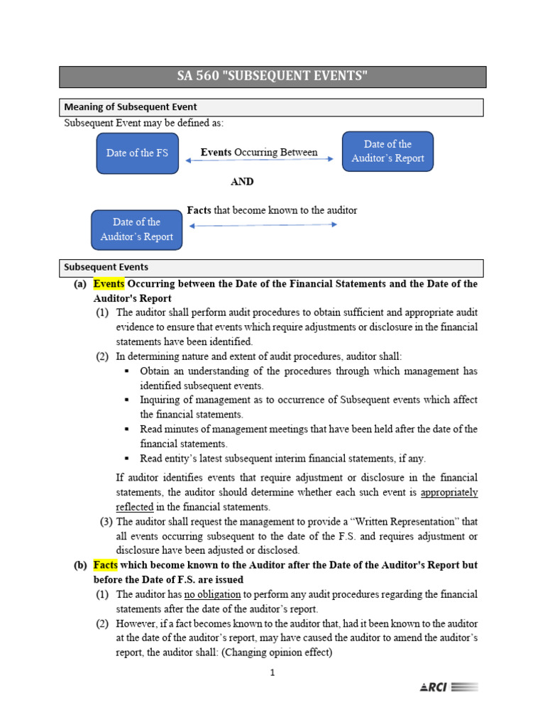 Sa 560 "Subsequent Events": Meaning of Subsequent Event | PDF | Auditor ...