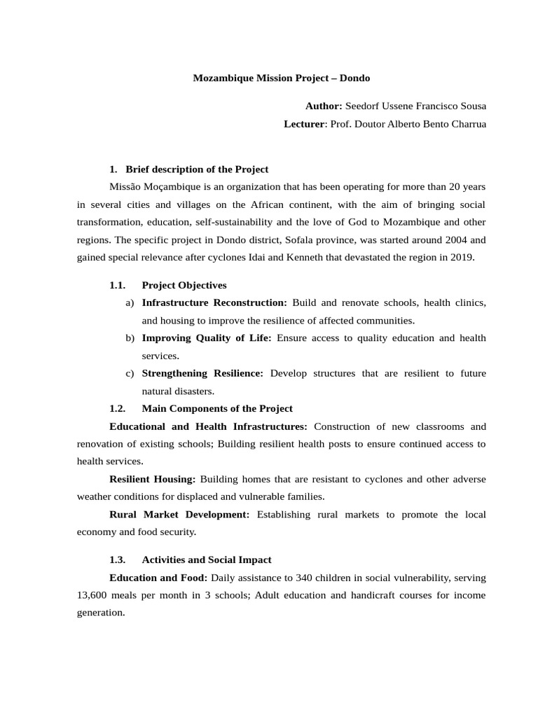 Mozambique Dondo Mission Project Overview | PDF | Economic Growth ...