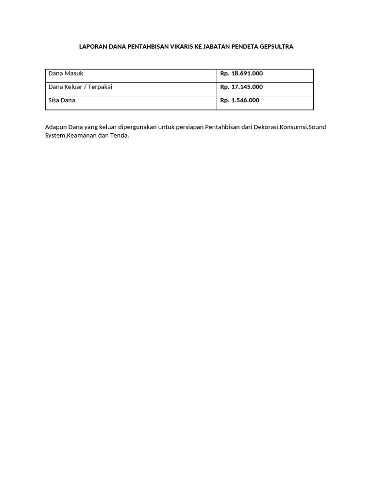 Laporan Dana Pentahbisan Pendeta GEPSULTRA | PDF