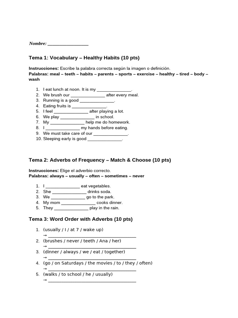 Healthy Habits Vocabulary Exercise | PDF | Meal | Foods