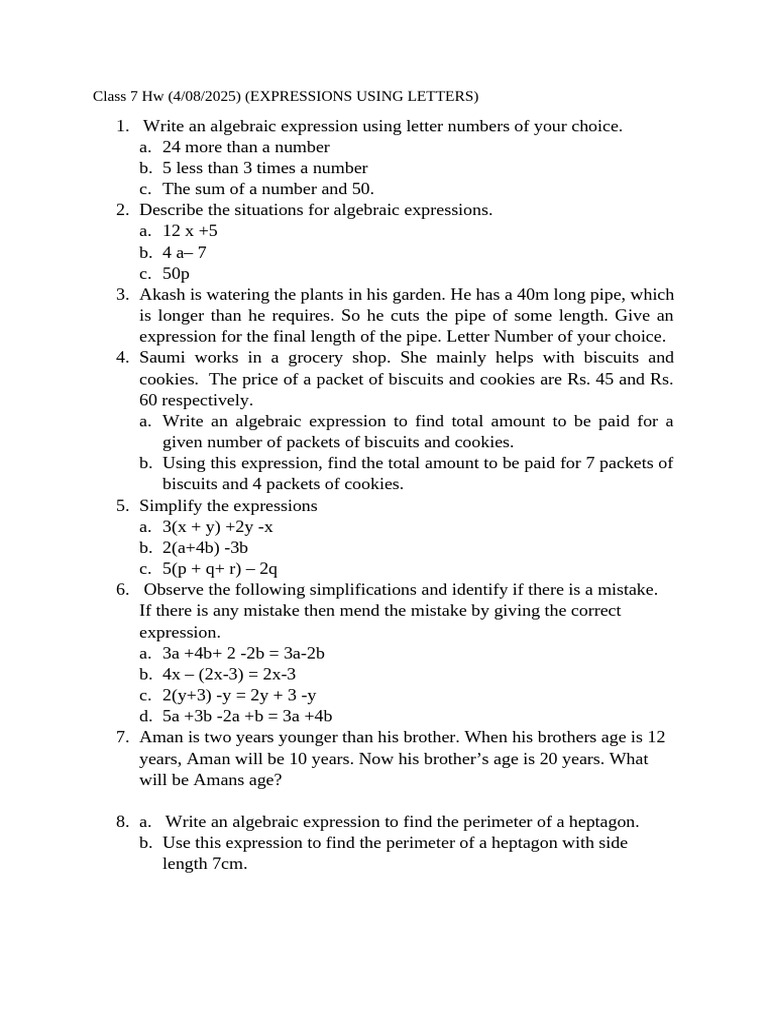 Class 7 Algebraic Expressions Worksheet | PDF
