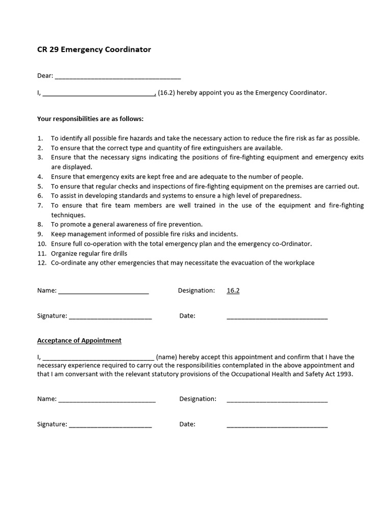Emergency Coordinator Appointment Letter | PDF