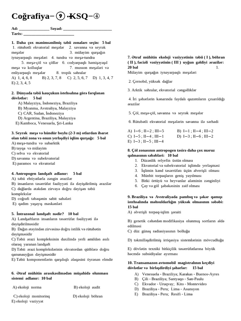 Coğrafiya - 9. KSQ - 4 | PDF
