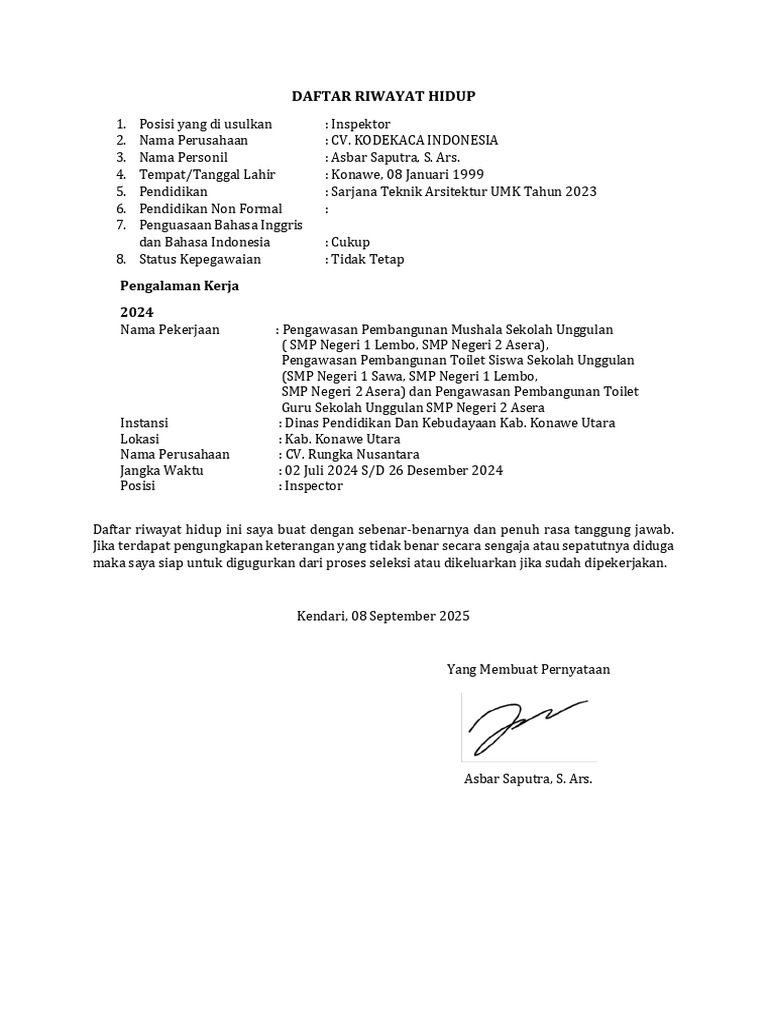 CV Inspektor Asbar Saputra, S. Ars. | PDF