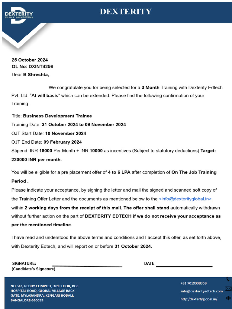 Dexterity Offer Letter - B Shreshta | PDF