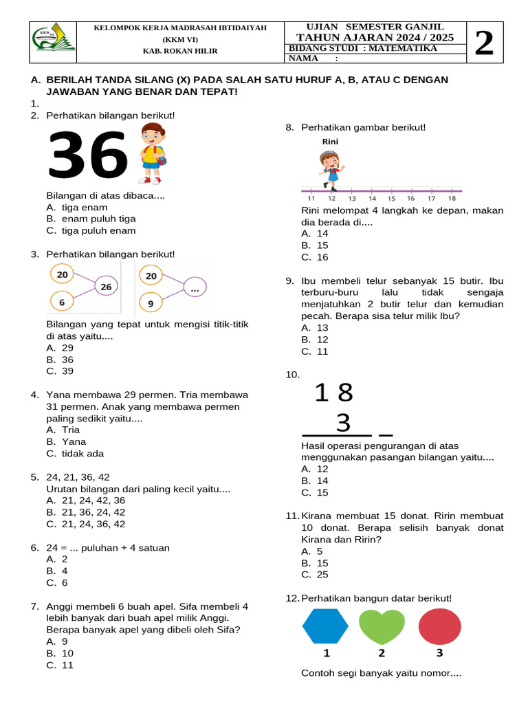 SOAL UJIAN SEMESTER GENAP MATEMATIKA KELAS 2 SD | PDF
