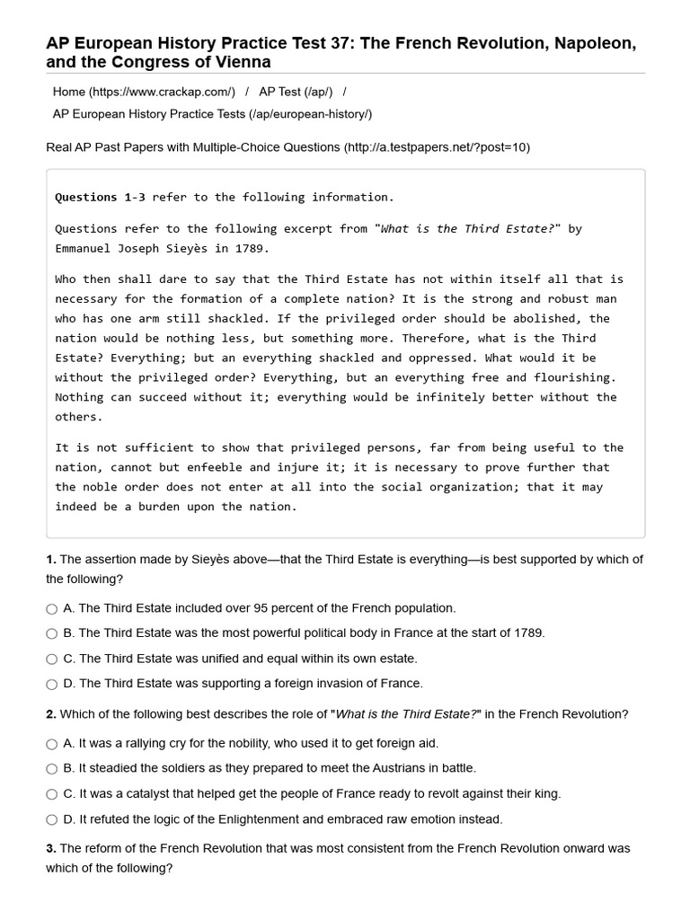 AP European History Practice Test 37 - The French Revolution, Napoleon ...