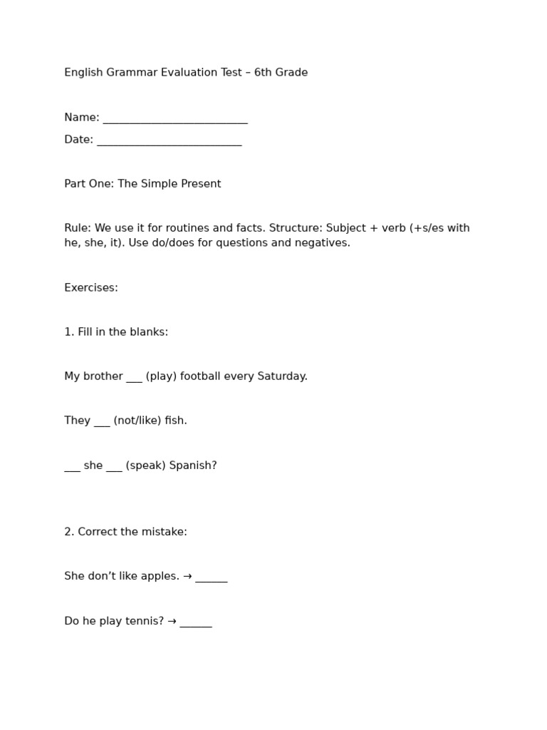 Grammar Review for 6th Grade Students 25_26 | PDF | Question | Language ...