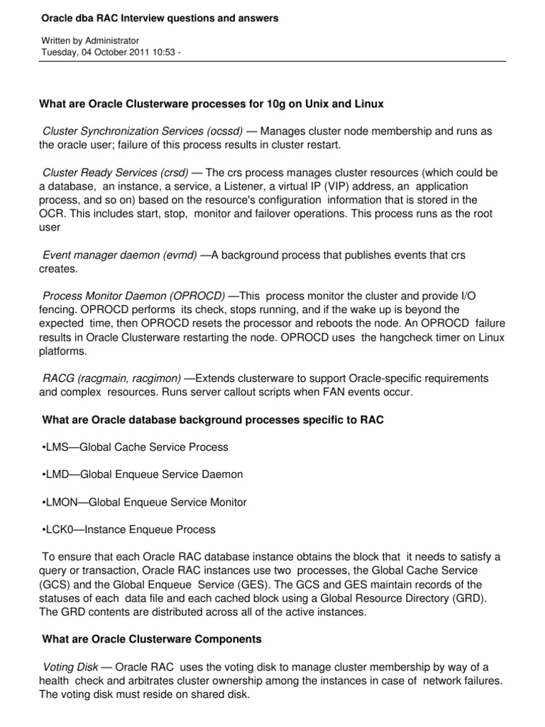 What Are Oracle Clusterware Processes For 10g On Unix and Linux | PDF | Oracle Database ...