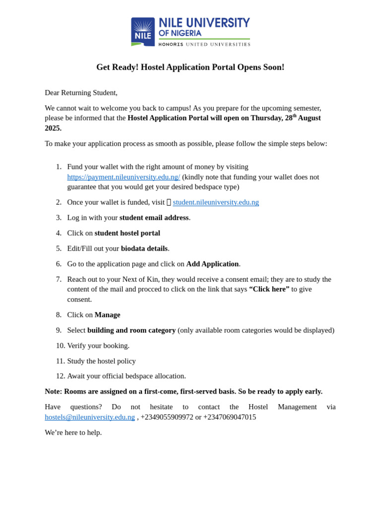 Nile University Hostel Application Opens | PDF