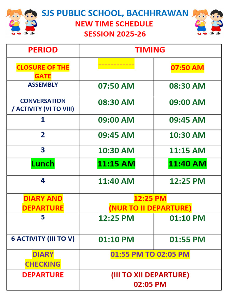SJS Public School 2025-26 Time Schedule | PDF