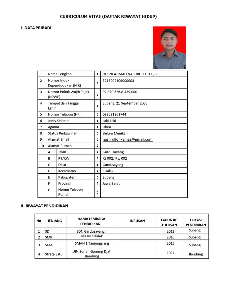CV Husni Ahmad Nashrulloh K, S.E. | PDF