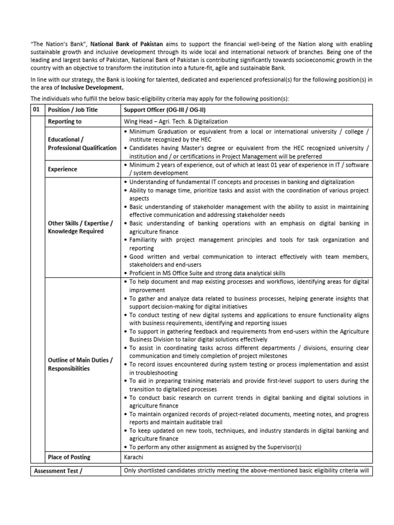 Support Officer Position at NBP | PDF | Experience | Project Management