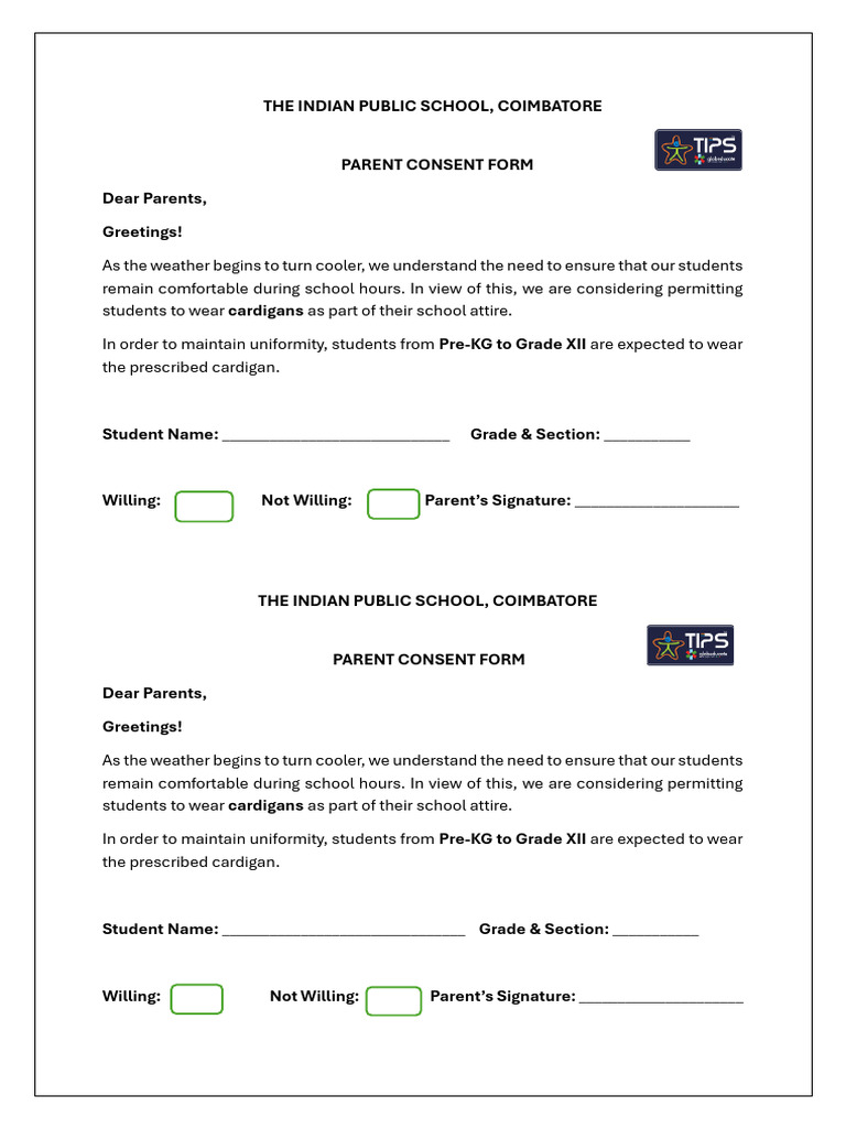 Parent Consent for Cardigans at School | PDF