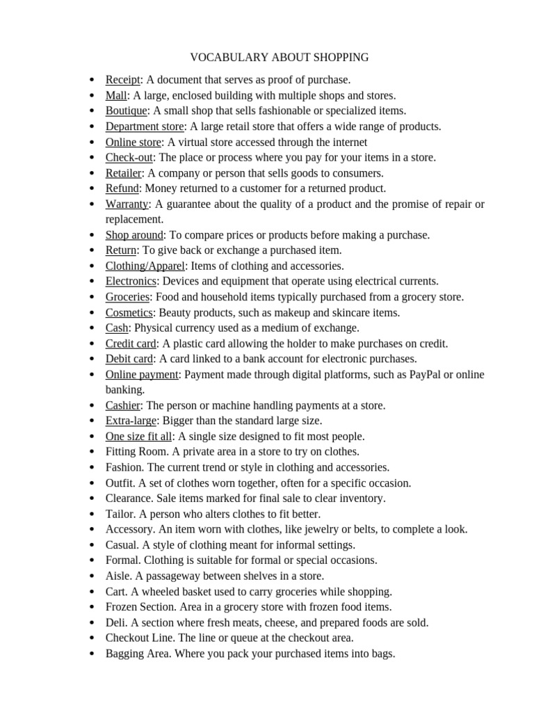 Shopping Vocabulary Guide | PDF | Retail | Discounts And Allowances