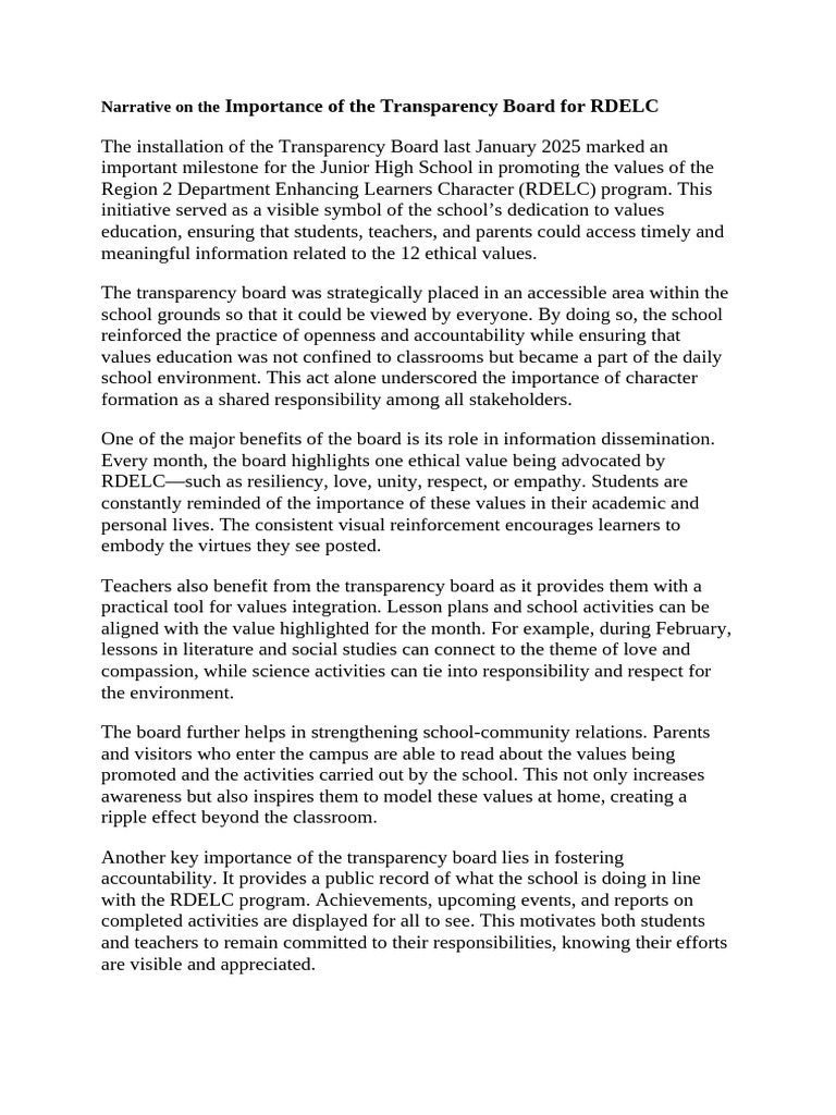 Importance of the Transparency Board for RDELC | PDF | Learning | Teachers
