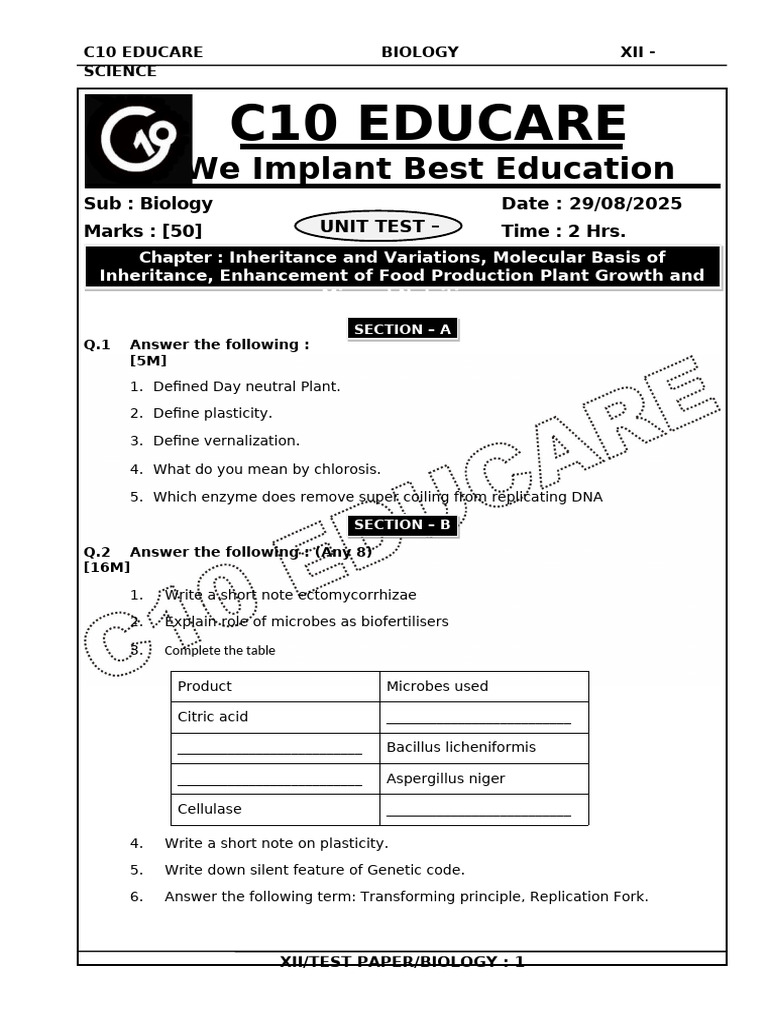 Test Paper Biology Unit Test-2 50 Marks | PDF | Dominance (Genetics ...