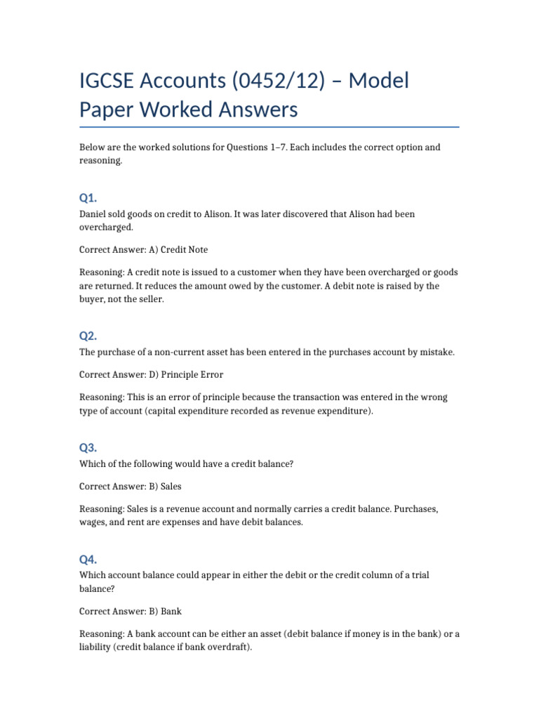 Igcse I MCQ Acc Answer Key | PDF | Debits And Credits | Bookkeeping