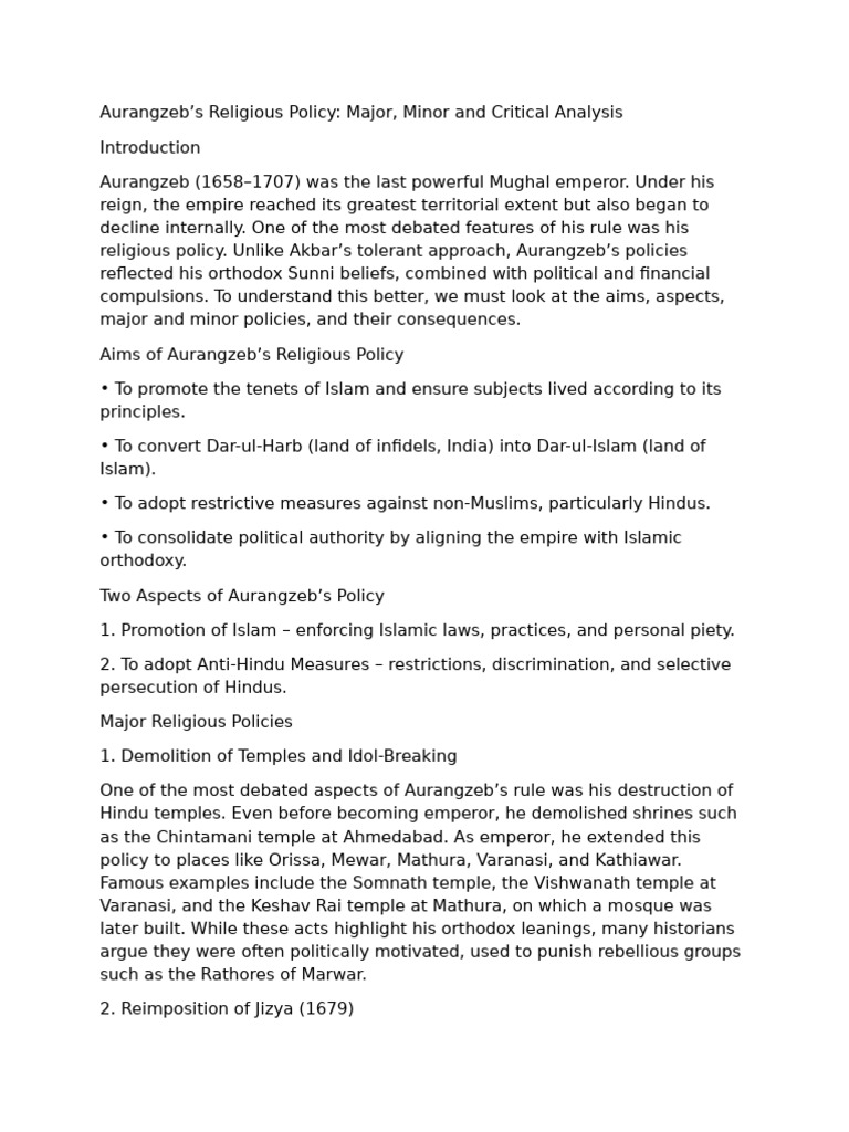 Aurangzeb's Religious Policies Analyzed | PDF | Mughal Empire
