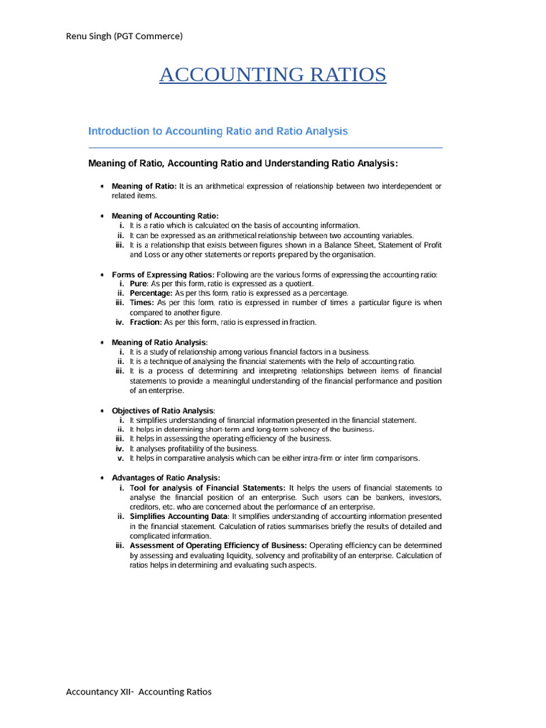 Accounting Ratios for Class XII | PDF | Revenue | Working Capital