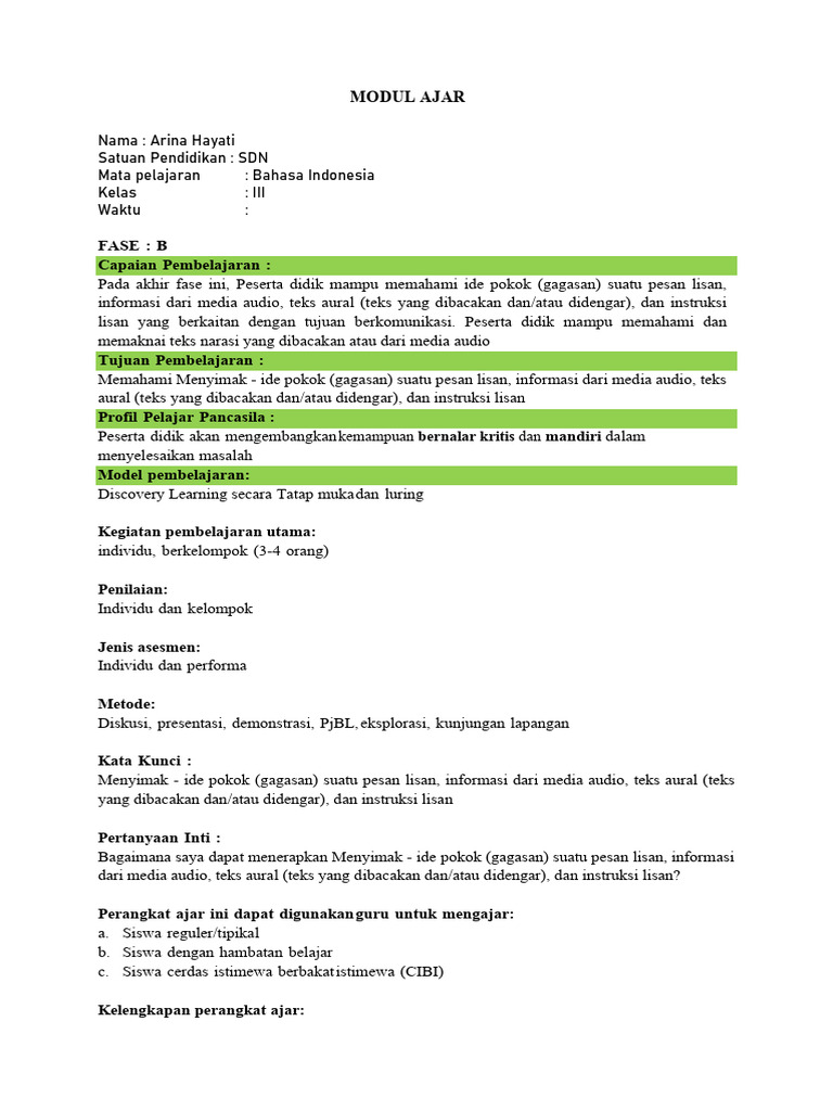 Modul Ajar Tematik-Arina Hayati | PDF