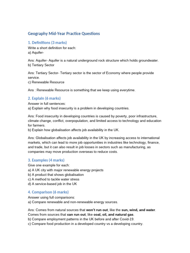Geography Mid-Year Practice Questions | PDF | Developing Country ...