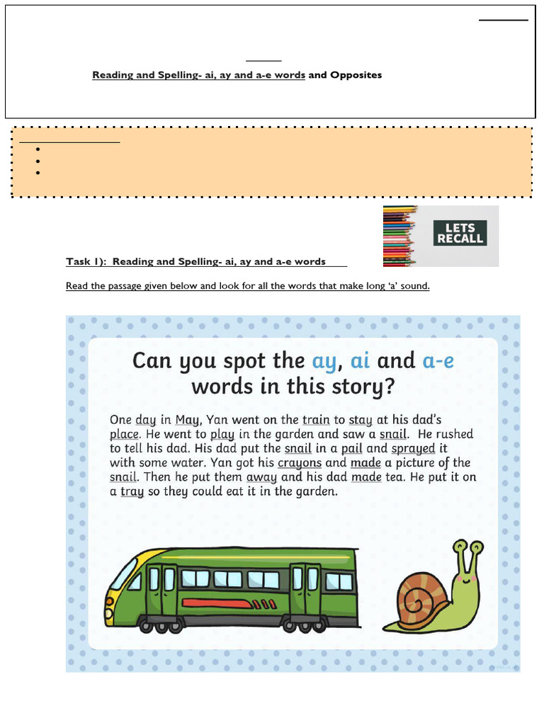 Long 'A' Sound Reading & Spelling Task | PDF