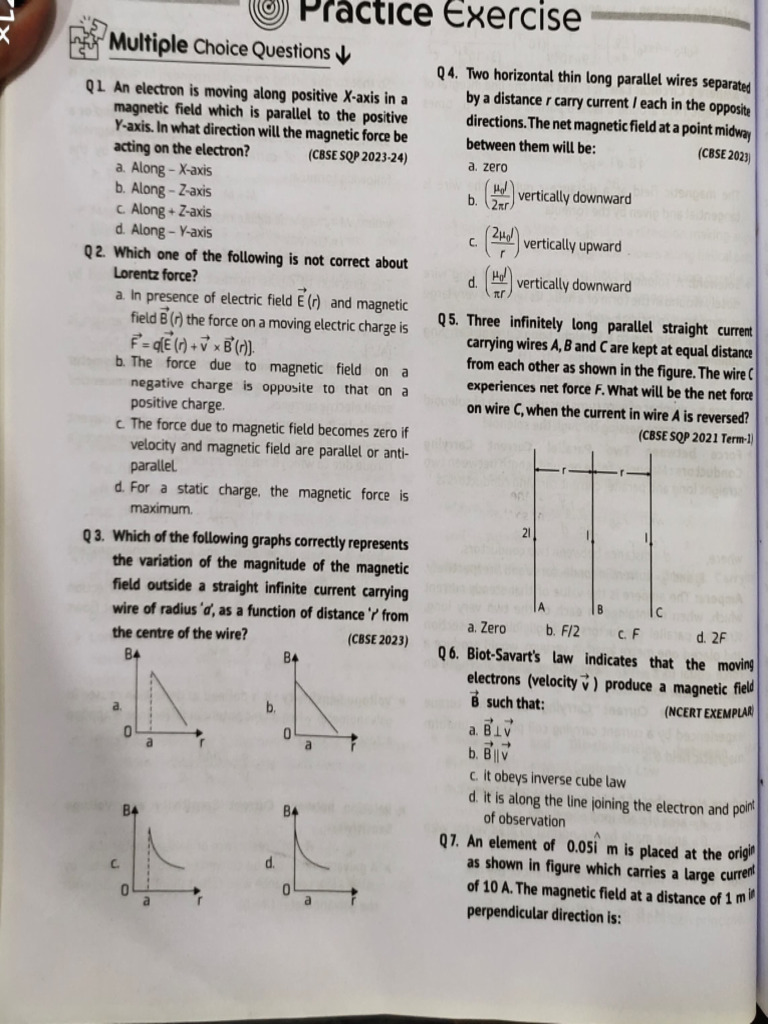 CBSE 2023 Physics MCQs on Magnetism | PDF | Force | Electron