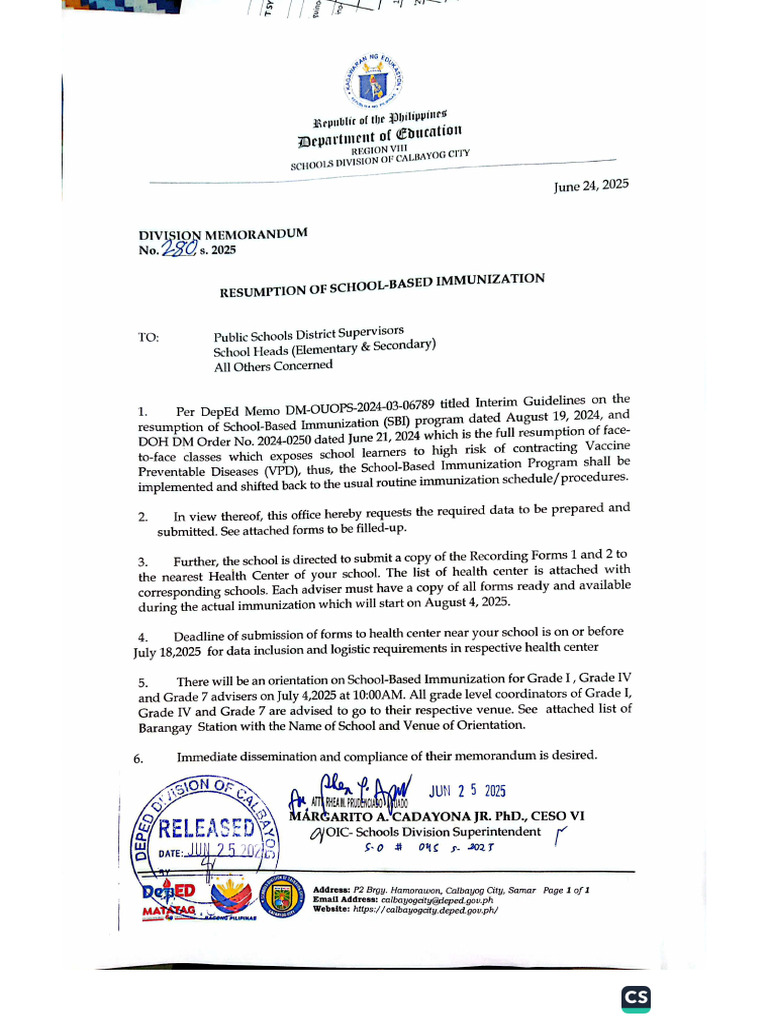 Resumption of School Based Immunization | PDF