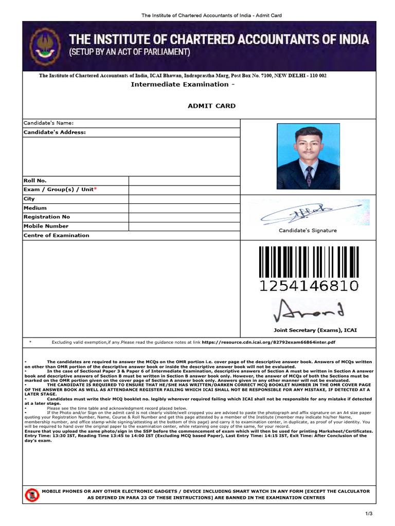 ICAI Intermediate Exam Admit Card 2025 | PDF | Multiple Choice | Books